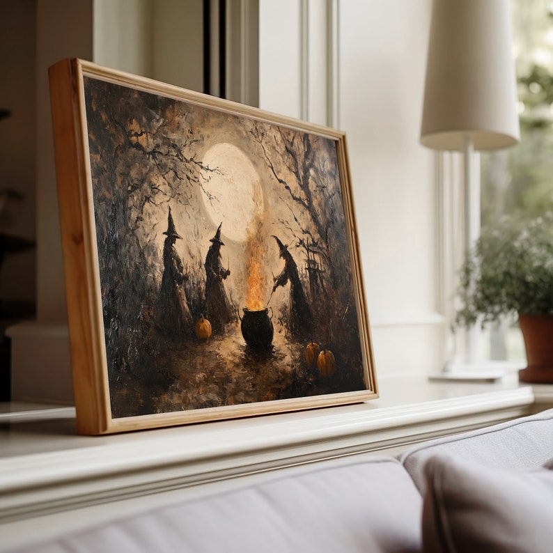 Vintage Witchcraft Art - Witches Cauldron Scene - Halloween Decor ...