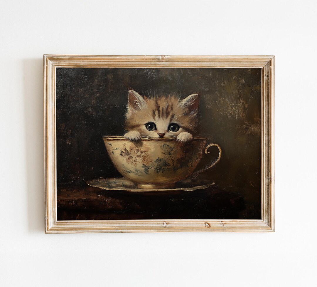 Charming Vintage Kitten in Teacup - Adorable Kids Room Art - Digital ...