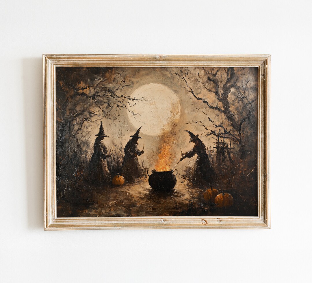 Vintage Witchcraft Art - Witches Cauldron Scene - Halloween Decor ...