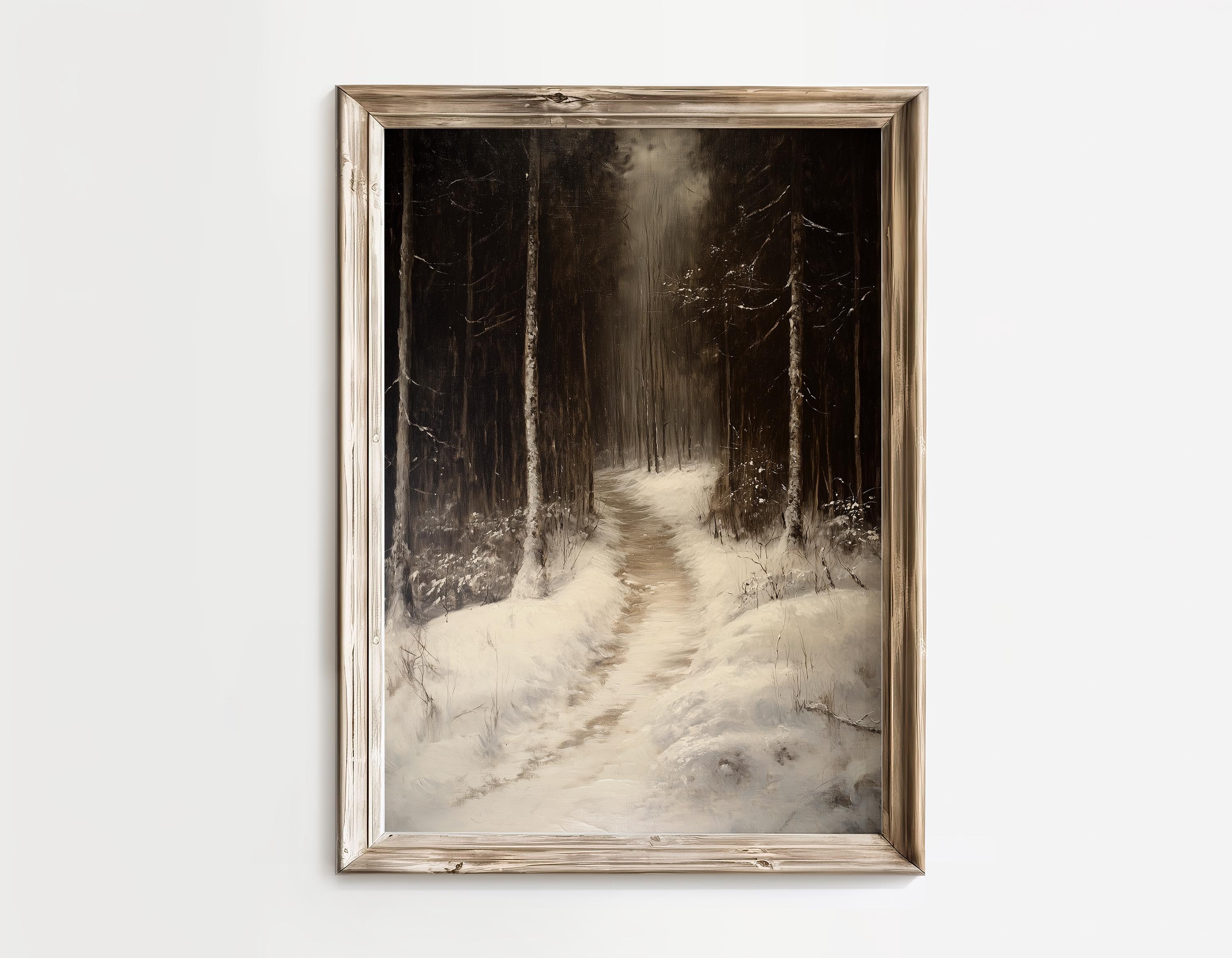 Snowy Forest Path Vintage Moody Winter Scene Oil Painting – Snow ...