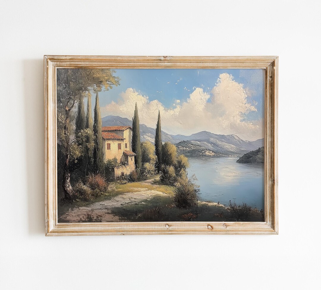 Vintage Italian Lake House Oil Painting: Rustic Landscape Art (digital ...