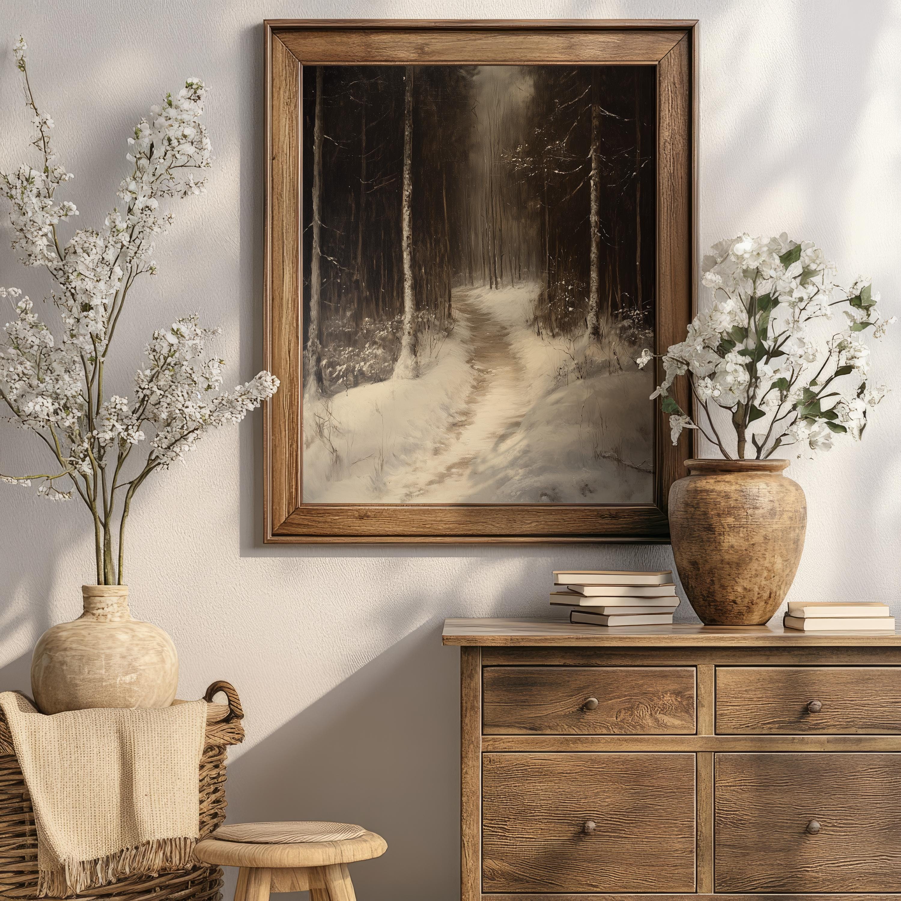 Snowy Forest Path Vintage Moody Winter Scene Oil Painting – Snow ...
