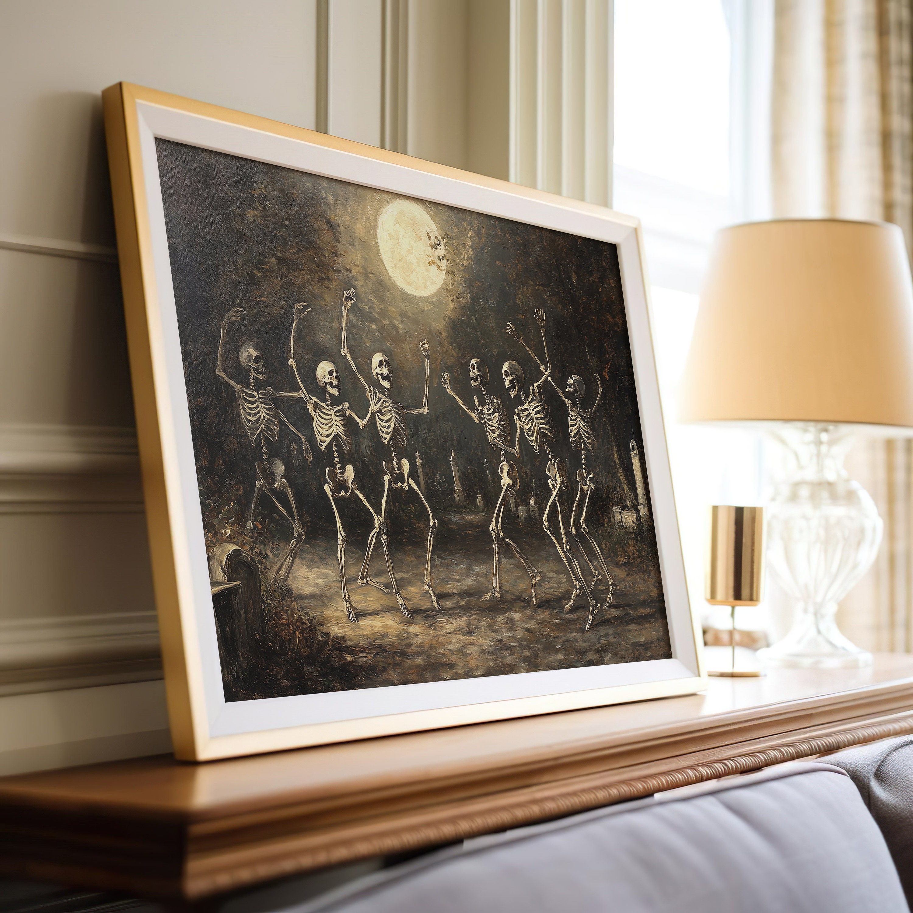 Dancing Skeletons Vintage Halloween Art Painting – Spooky Cemetery ...