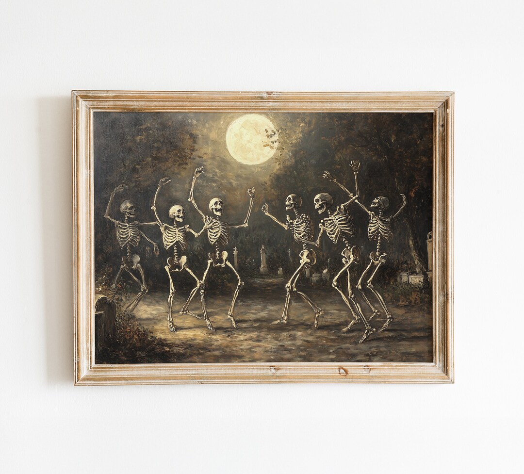 Dancing Skeletons Vintage Halloween Art Painting – Spooky Cemetery ...