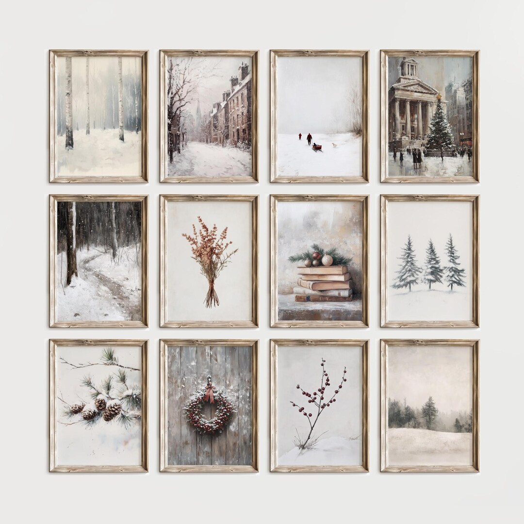 Cozy Winter Gallery Wall Art Set - Vintage Neutral Holiday Decor - 12 ...