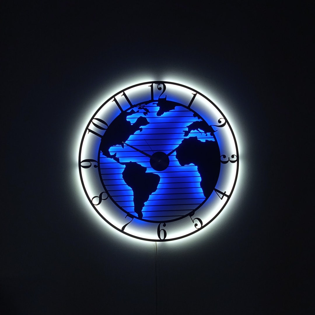 Led Lighted Metal Map Wall Clock World Map Metal Wall Clock - Etsy