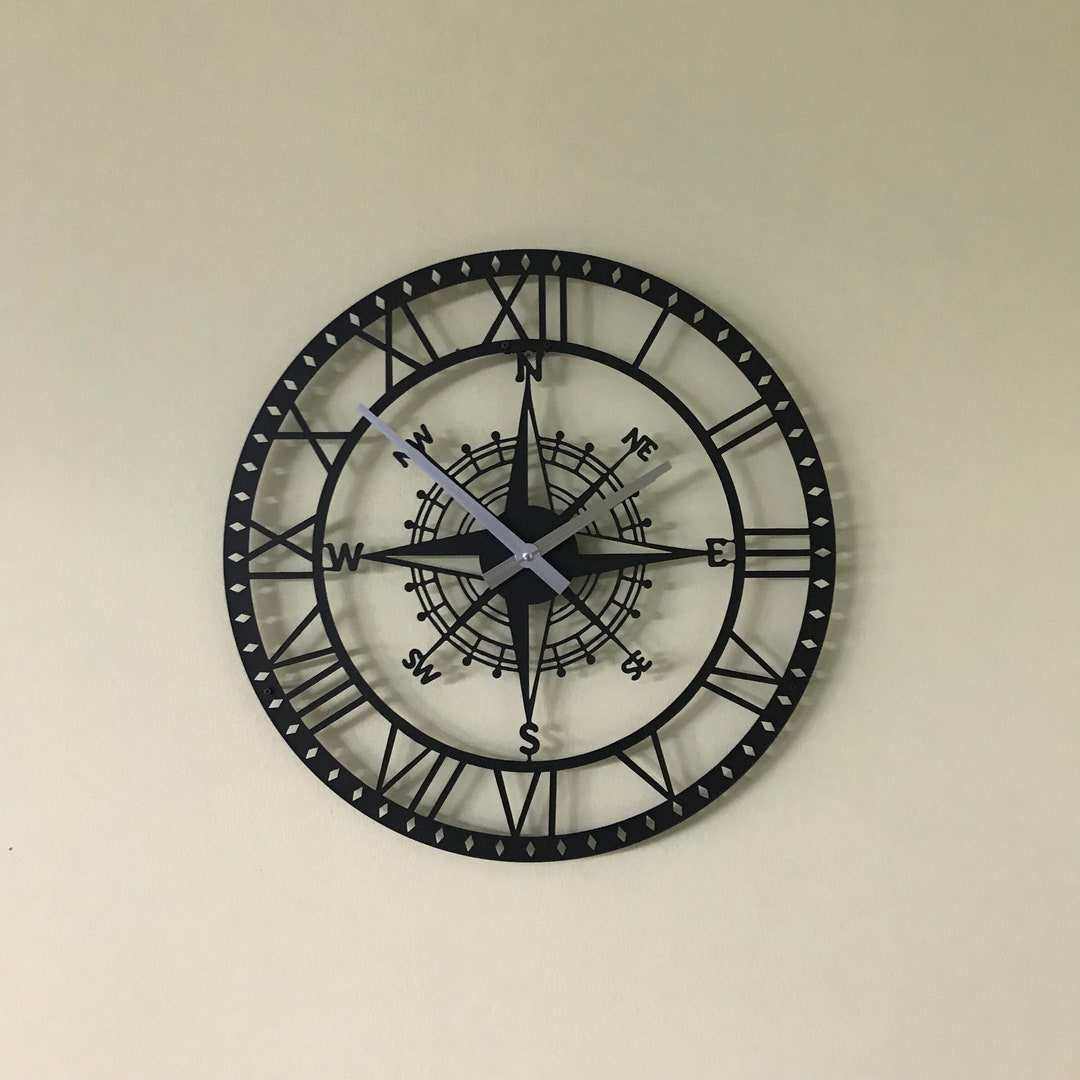 Roman Numeral Compass Wall Clock, Oversize Wall Clock, Metal Wall Art ...
