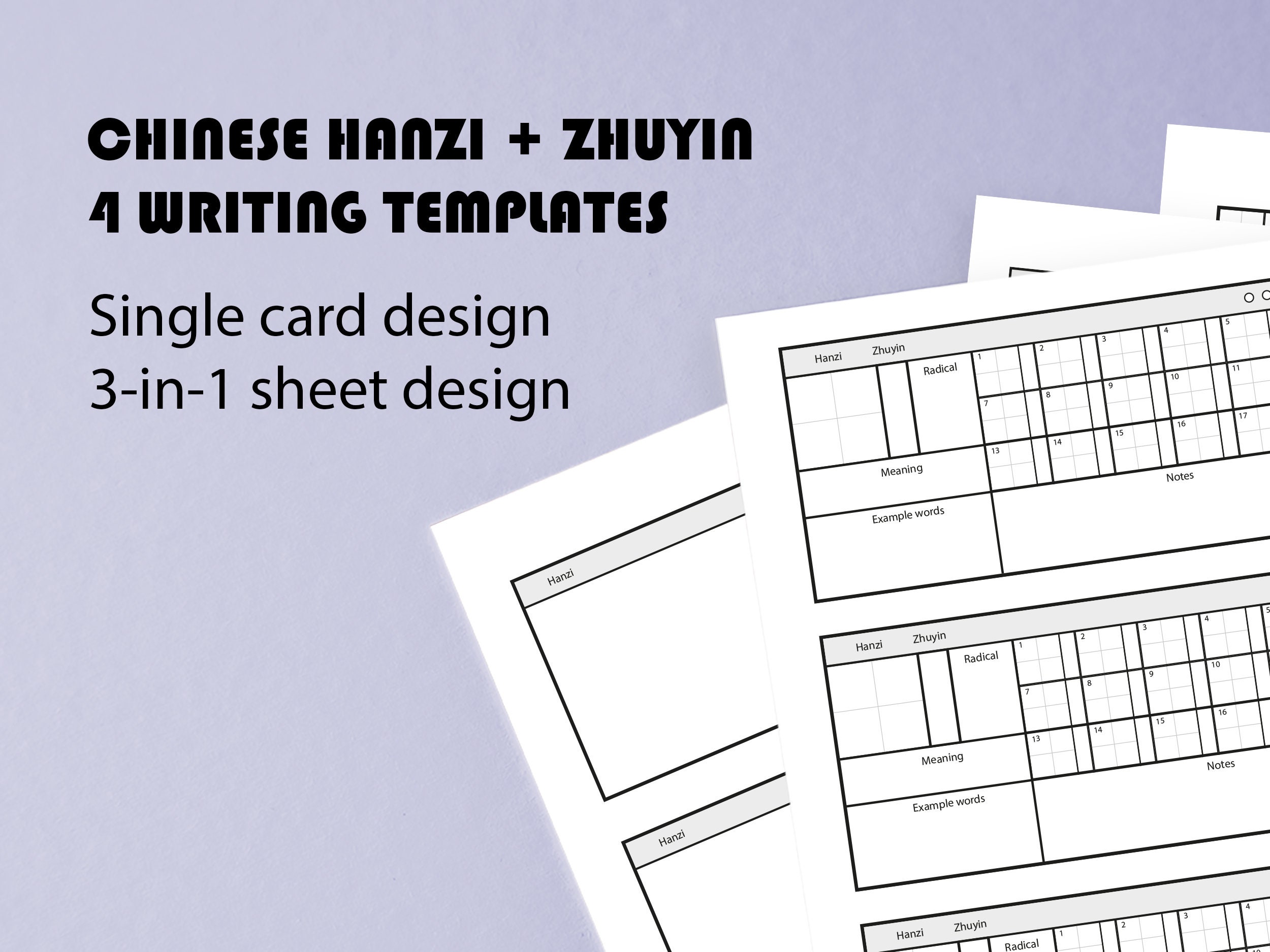 Chinese Hanzi With Zhuyin Study Worksheets (4 Designs for Writing on ...