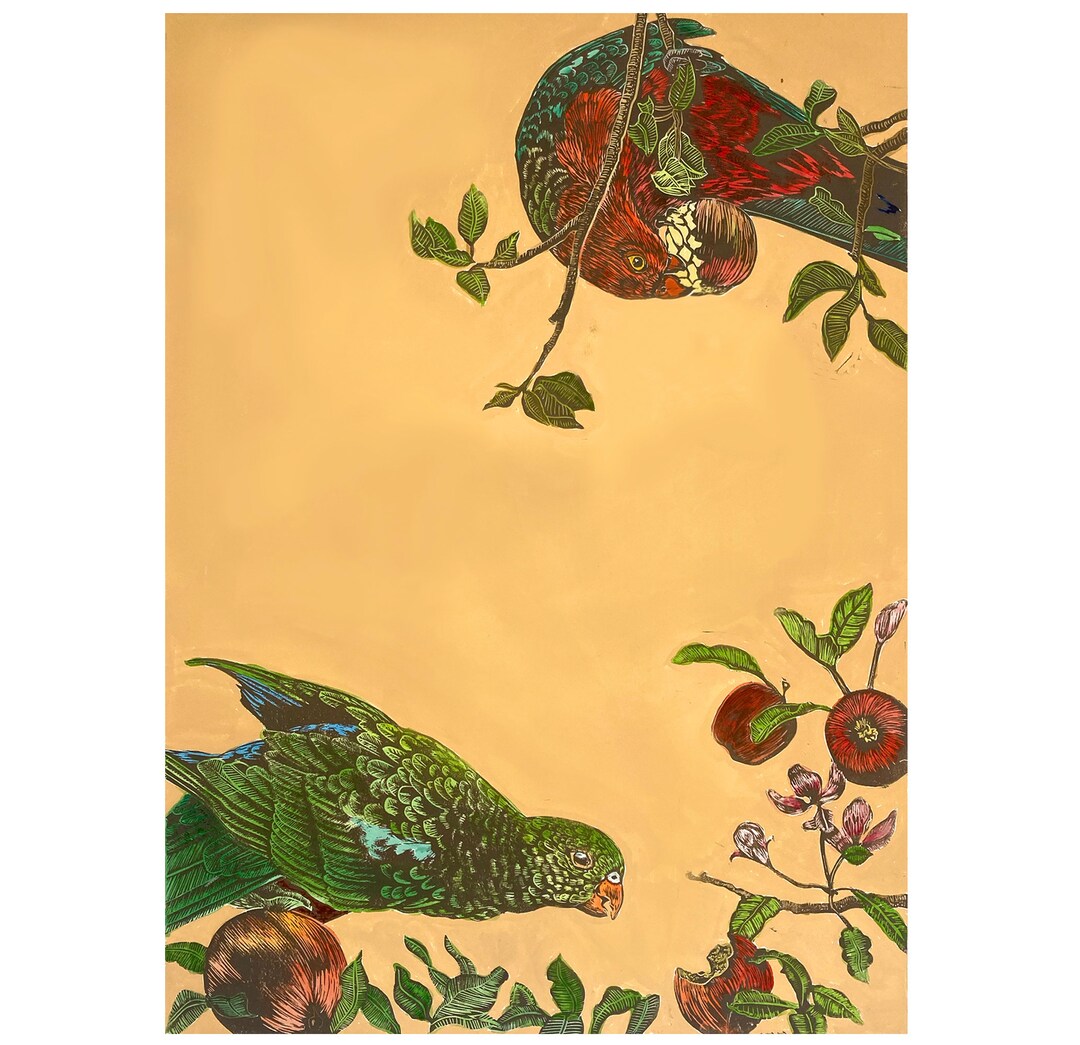 King Parrots in the Apple Tree Linocut Gold Background/king Parrot ...