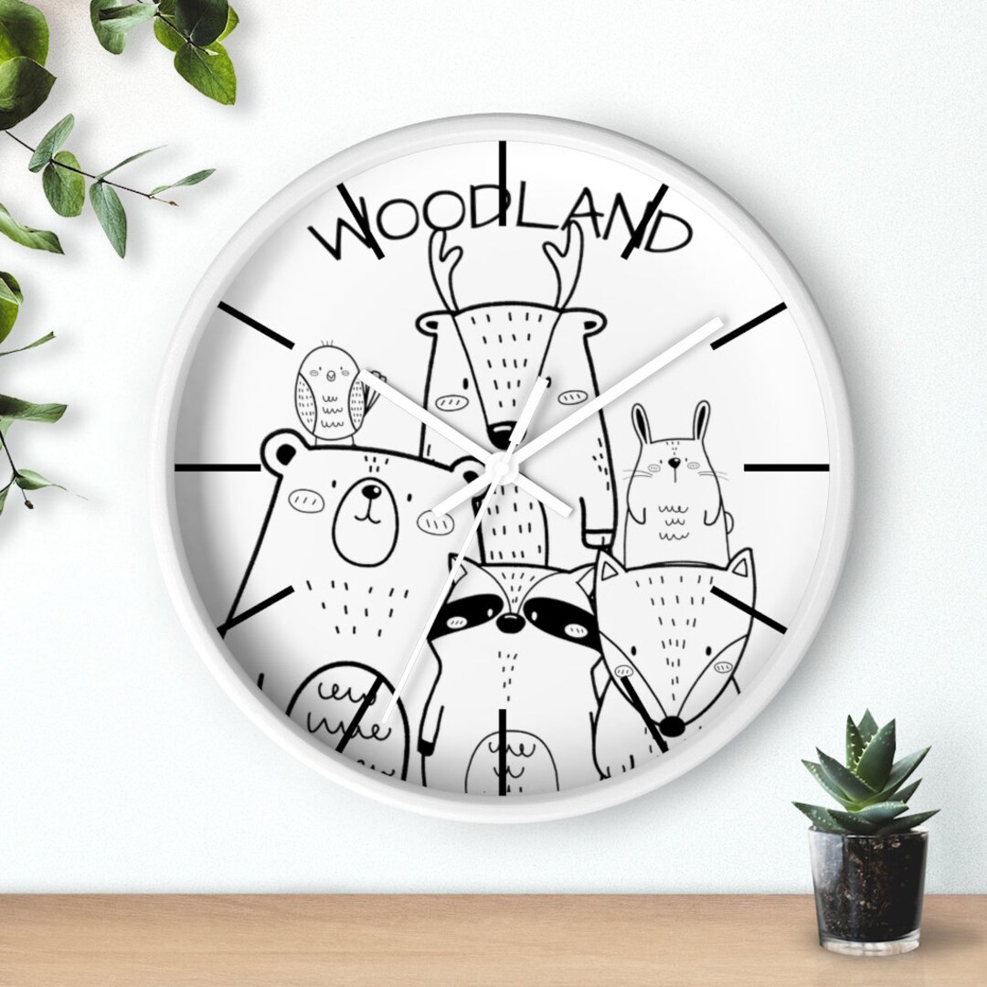 Woodland Animals Wall Clock, Black and White Kids Room, Baby Shower ...