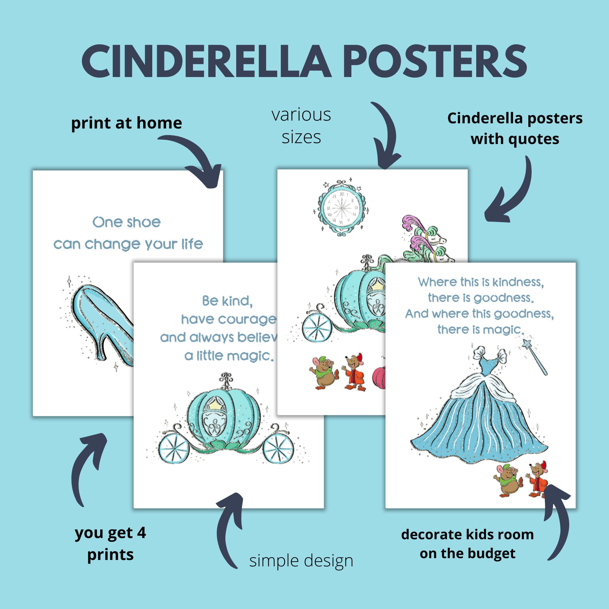Cinderella DIGITAL DOWNLOAD, Princess Wall Posters, Kids Room ...