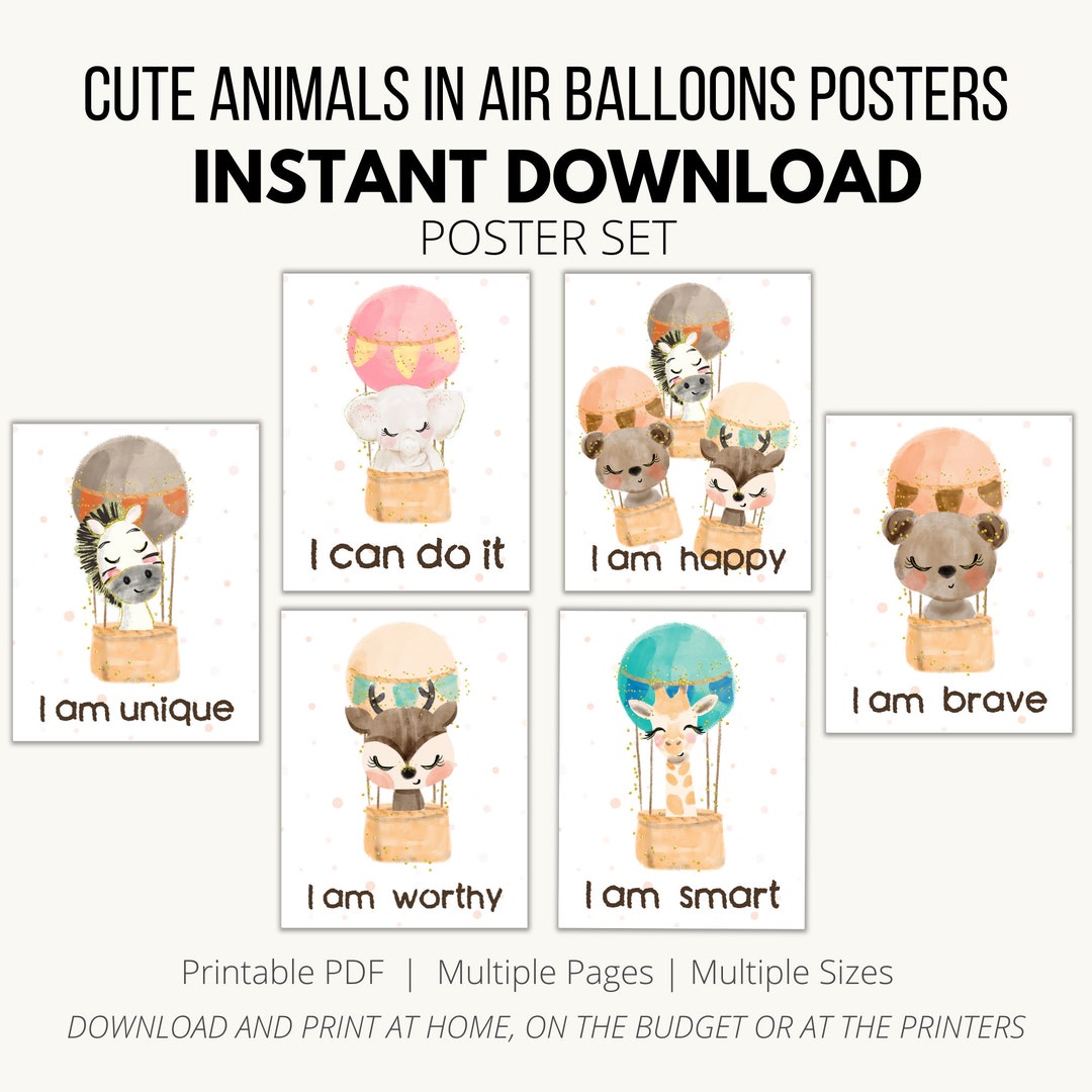 Cute Animals in the Air Balloons DIGITAL DOWNLOAD, Kids Room Printables ...