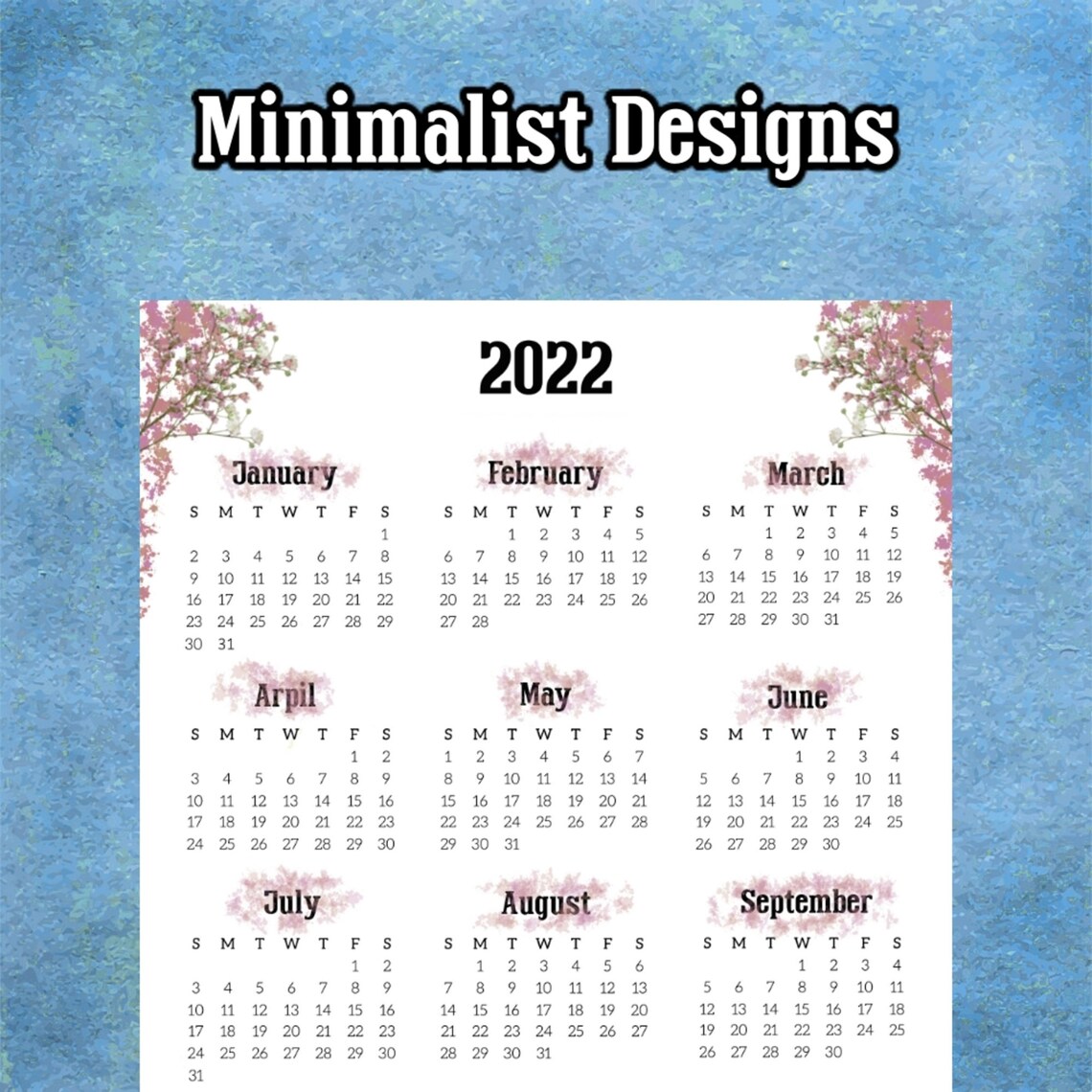 Minimalist 2022 Printable Wall Calendar Instant Download | Etsy