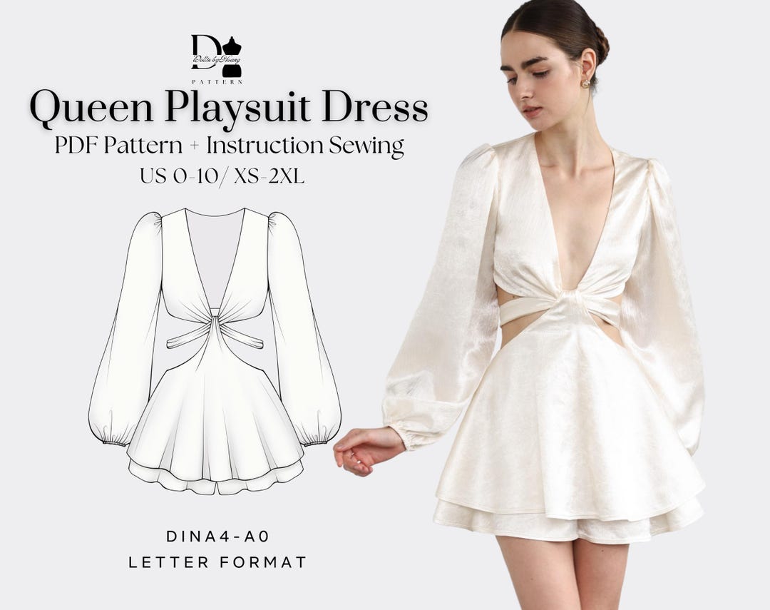 Queen Playsuit Dress PDF Sewing Pattern | Twist Front Mini Dress | Long ...