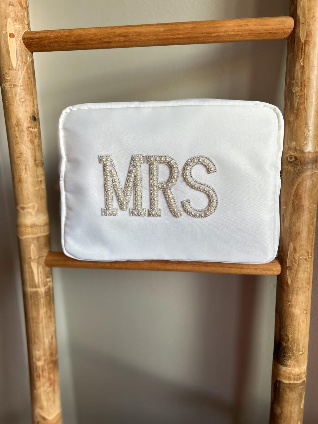 Personalized Pearl Rhinestone Bride Pouch: White Nylon Cosmetic Bag - Etsy