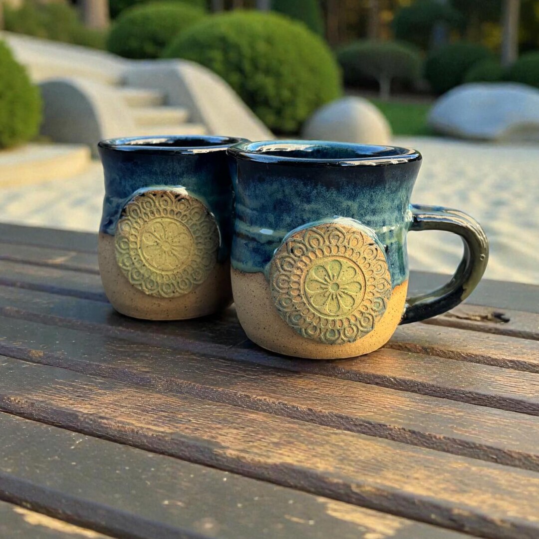 Handmade Ocean Glaze Mug With Mandala Medallion | 15 Oz Stoneware ...