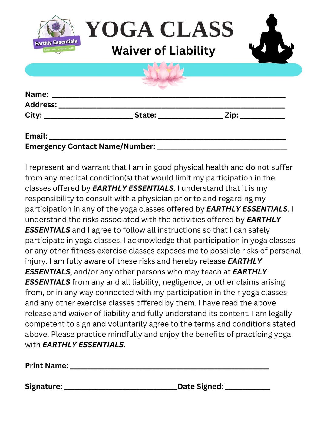Yoga Client Waiver of Liability Form - Etsy