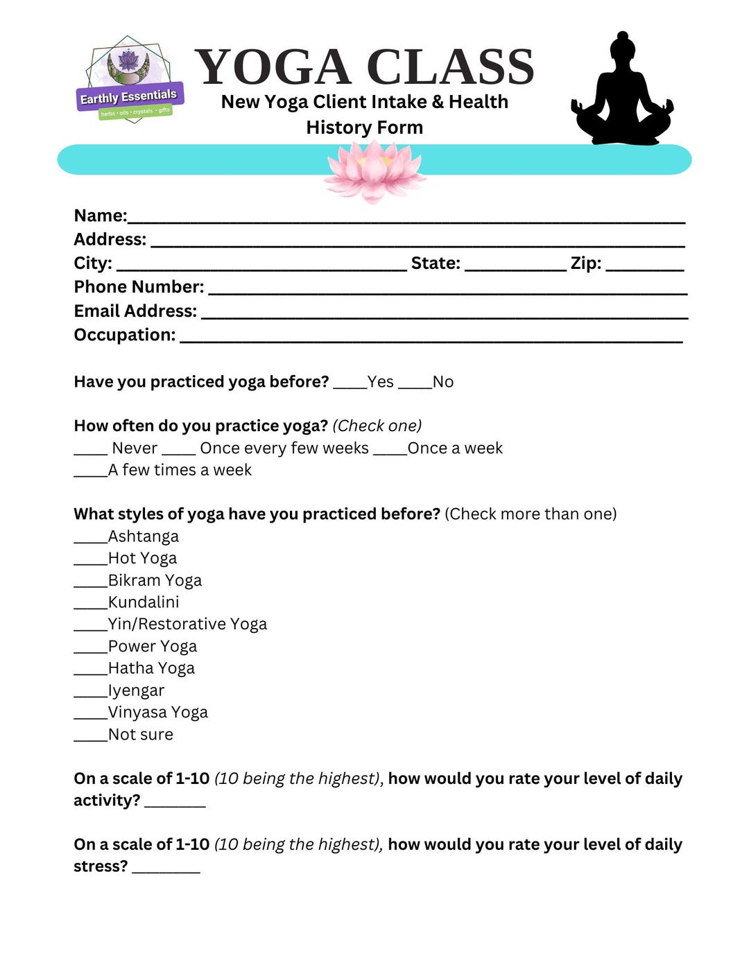 Yoga Client Intake & Health History Form - Etsy