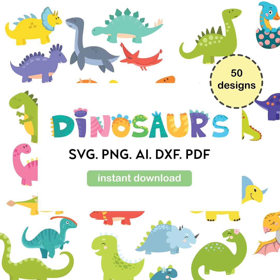 Dinosaur SVG Bundle 50 Pcs, Dinosaur Icon Svg, Flat Dinosaur Clipart ...