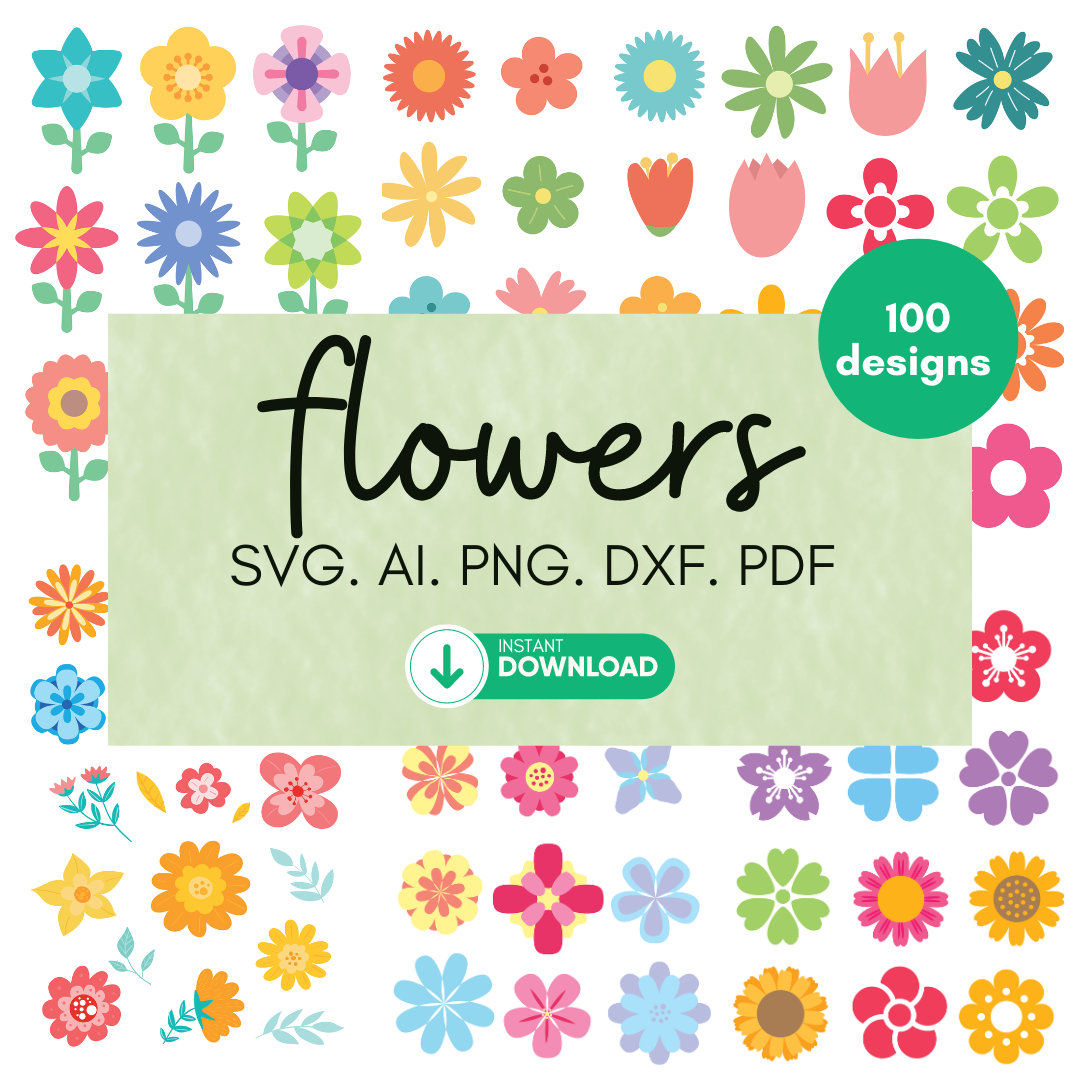 Flower SVG Bundle 100 Pcs, Flower Icon Svg, Flat Flowers Clipart Vector ...