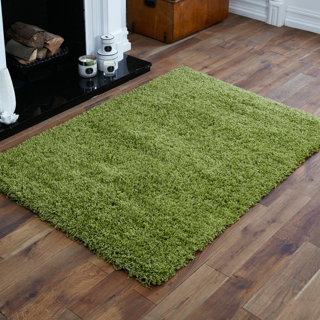 Modern Saga Green Shaggy Rug Small to Large 5 Cm Thick Pile Rugs Living ...