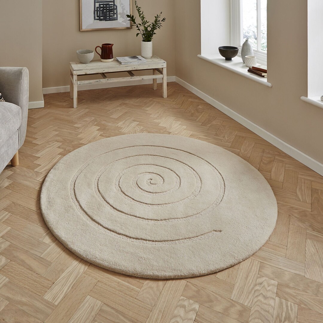Spiral Circular Round Wool Rugs in Ivory - Etsy