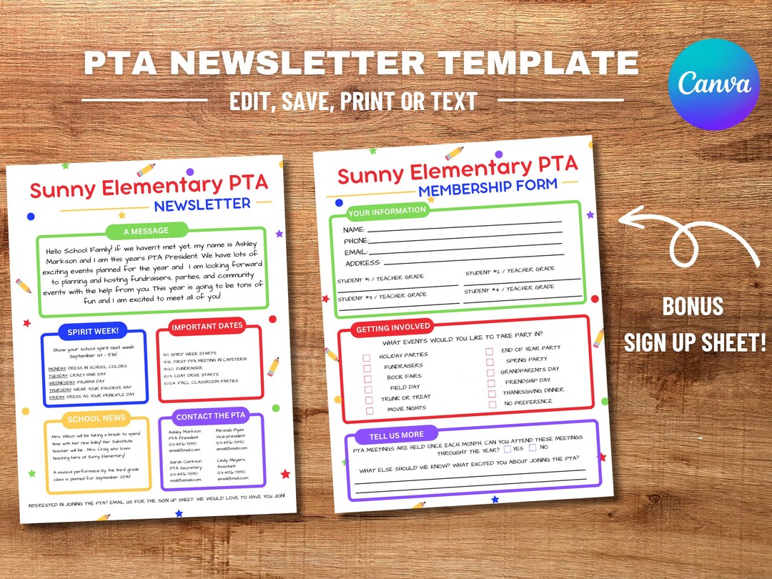 PTA Newsletter Template Canva Template PTO Sign up Sheet - Etsy Australia