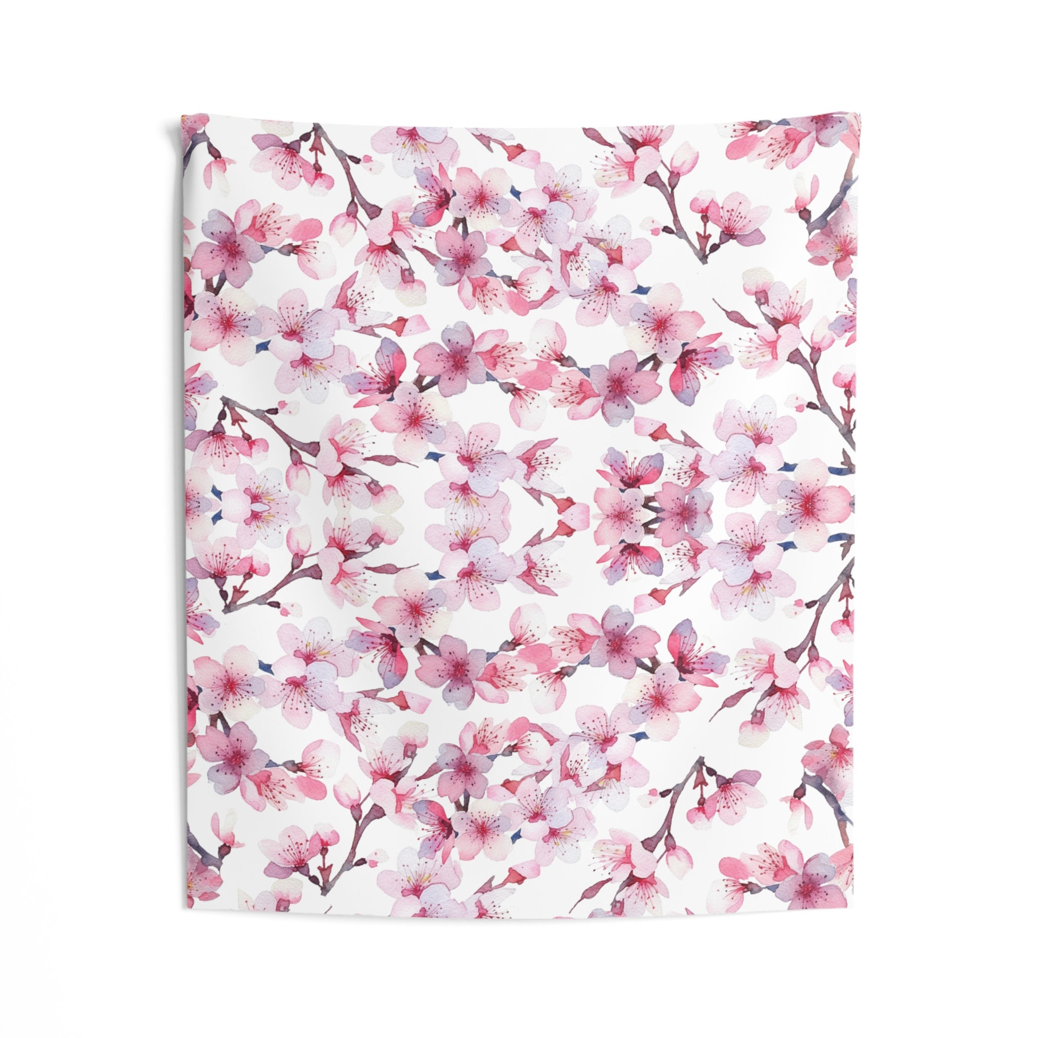 Pink Cherry Blossom Indoor Wall Tapestries, Floral Watercolor Symmetric ...