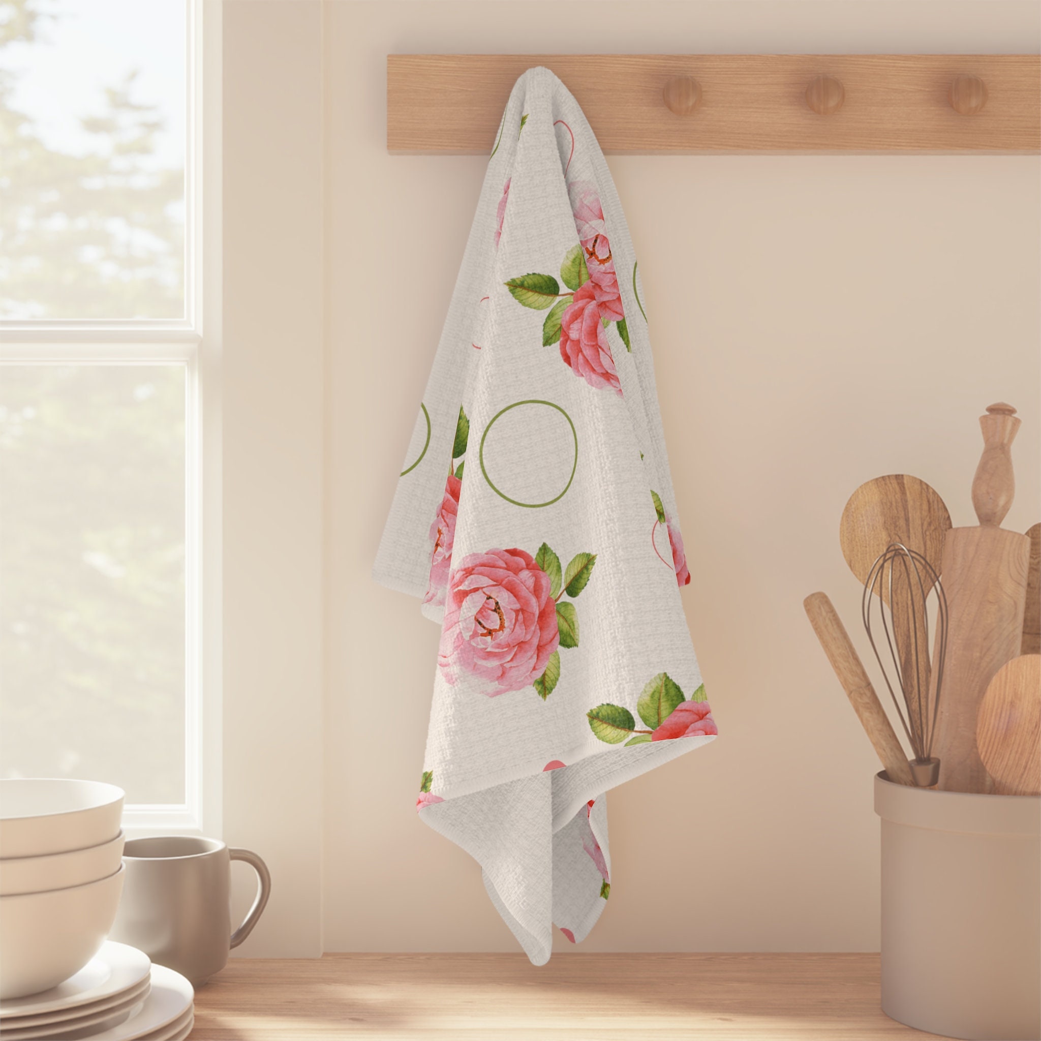 Rose Tea Towel, Kitchen Dishcloth, Pink Rose Towel, Flower Pattern ...