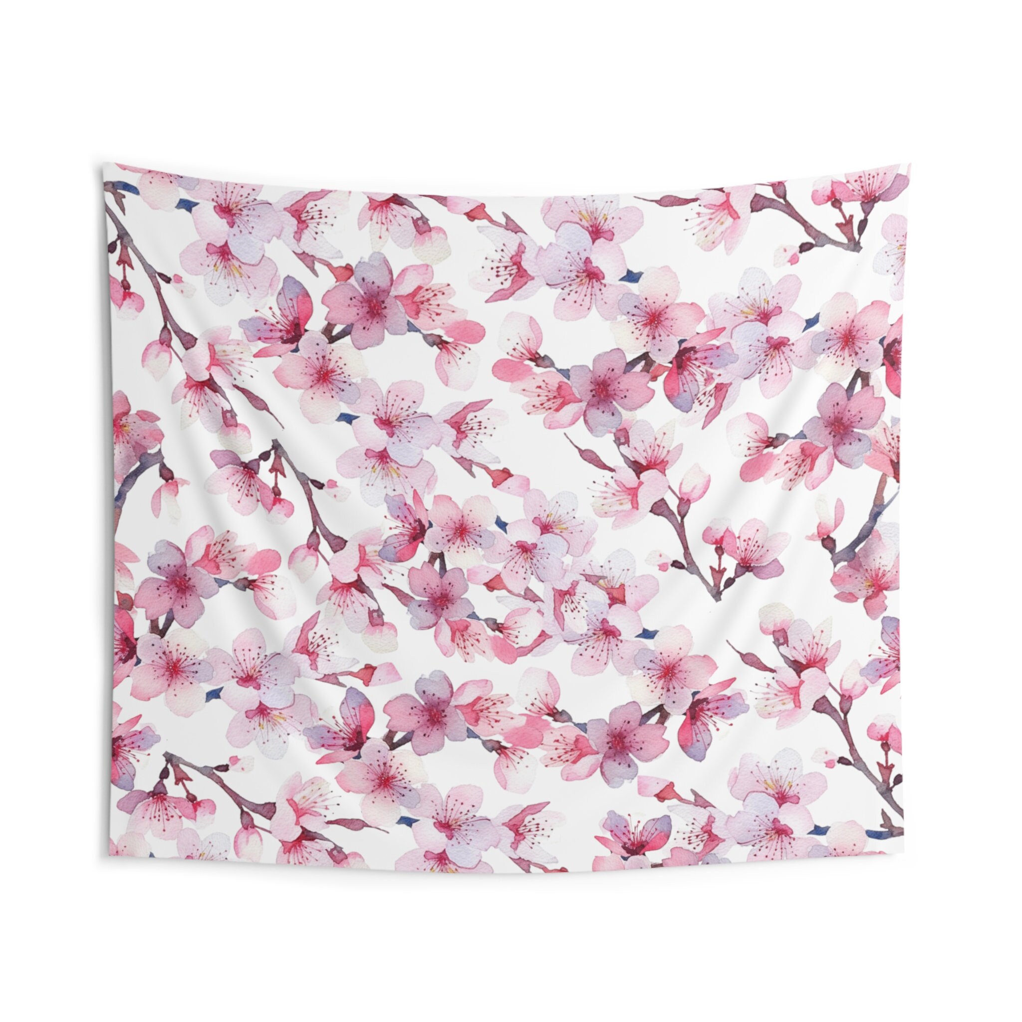 Pink Cherry Blossom Indoor Wall Tapestries, Floral Watercolor Symmetric ...
