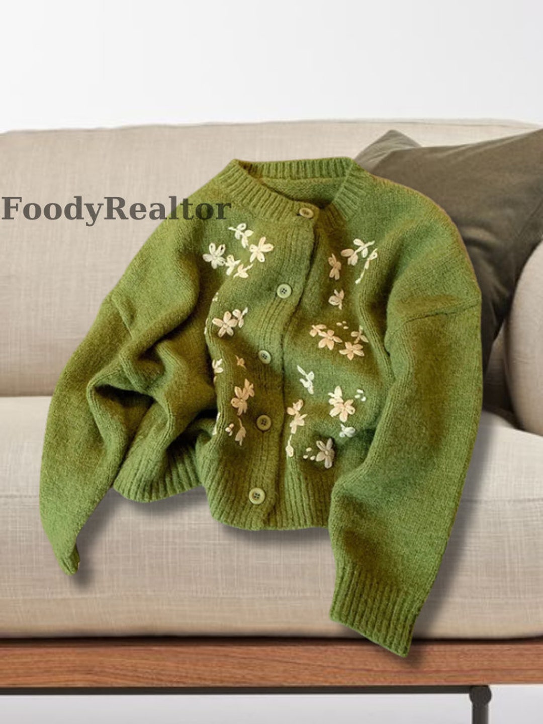 Green Floral Pullover Sweater, Embroidered Cozy Winter Pullover ...