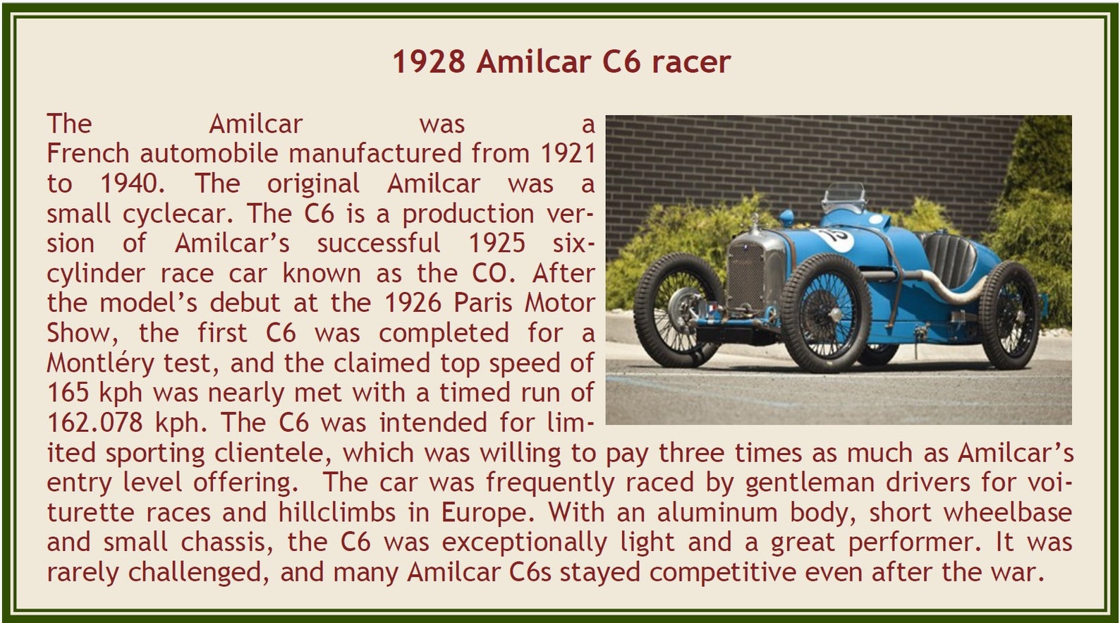 1928 Amilcar C6 Racer Scale Model in 1:43 Scale by Esval Models - FREE ...