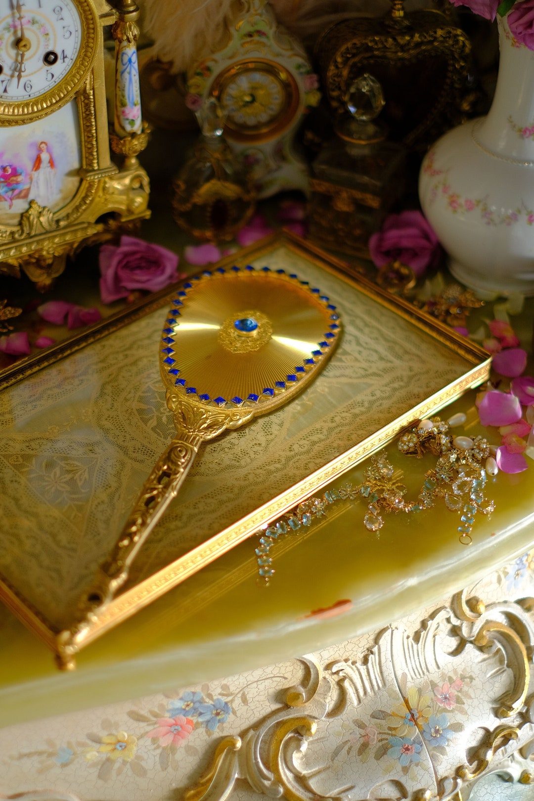 Antique Hand Mirror With Sapphire Color Glass Crystals - Etsy