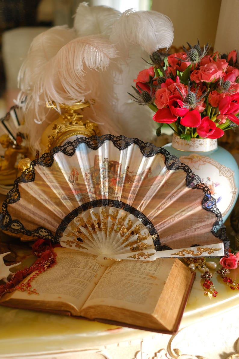 Vintage Spanish Lace Hand Fan: Rococo, Floral, or Pastoral Scene - Etsy