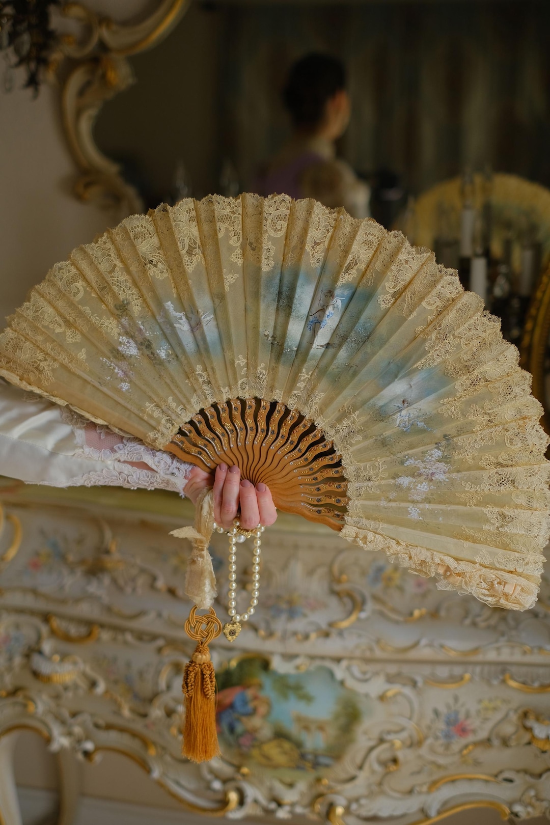Antique Victorian Style Hand Fan Double-sided Hand-painted on Silk With ...