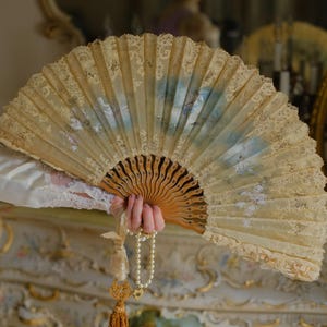 Antique Victorian Style Hand Fan Double-sided Hand-painted on Silk With ...
