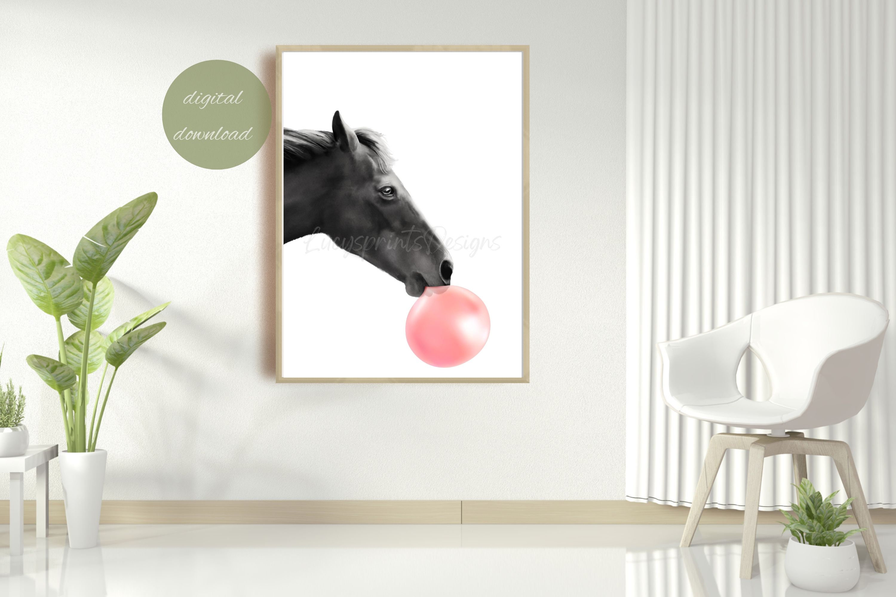 Horse With Pink Bubble Gum. DIGITAL DOWNLOAD. Printable Wall Art. Horse ...
