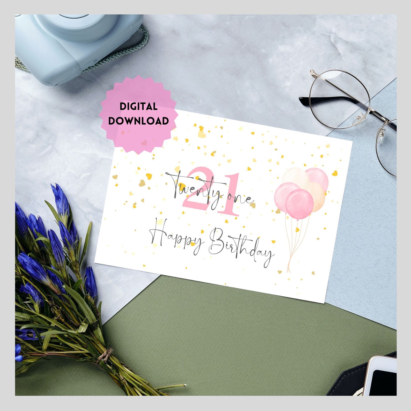 21 Birthday Printable Card. DIGITAL DOWNLOAD. Pink and Gold 21 Birthday ...
