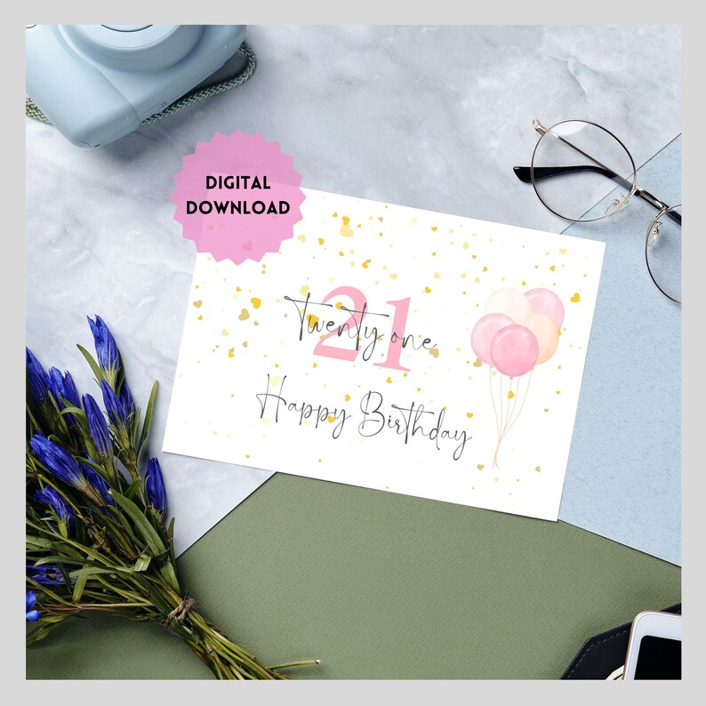 21 Birthday Printable Card. DIGITAL DOWNLOAD. Pink and Gold 21 Birthday ...