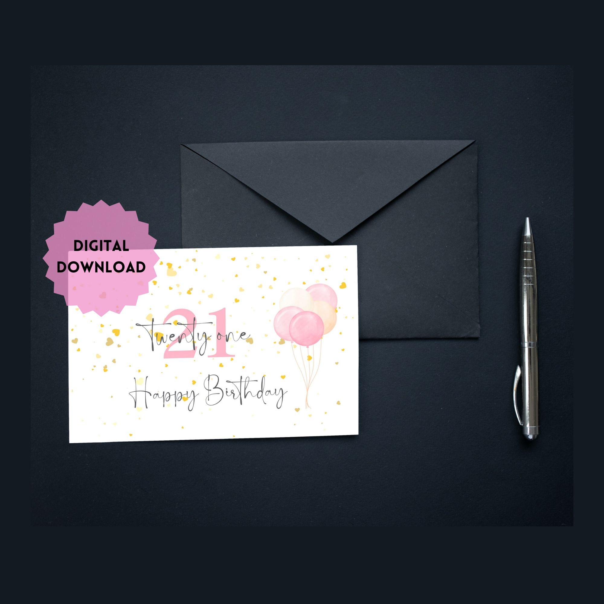 21 Birthday Printable Card. DIGITAL DOWNLOAD. Pink and Gold 21 Birthday ...