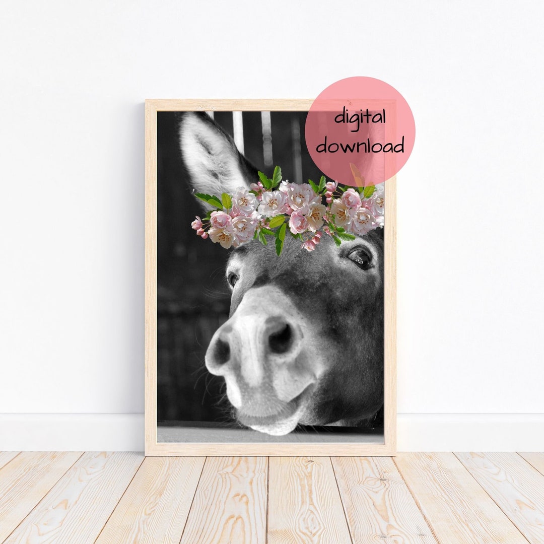 Donkey Flower Crown Printable Wall Art, Animal Floral Crown Print, Farm ...