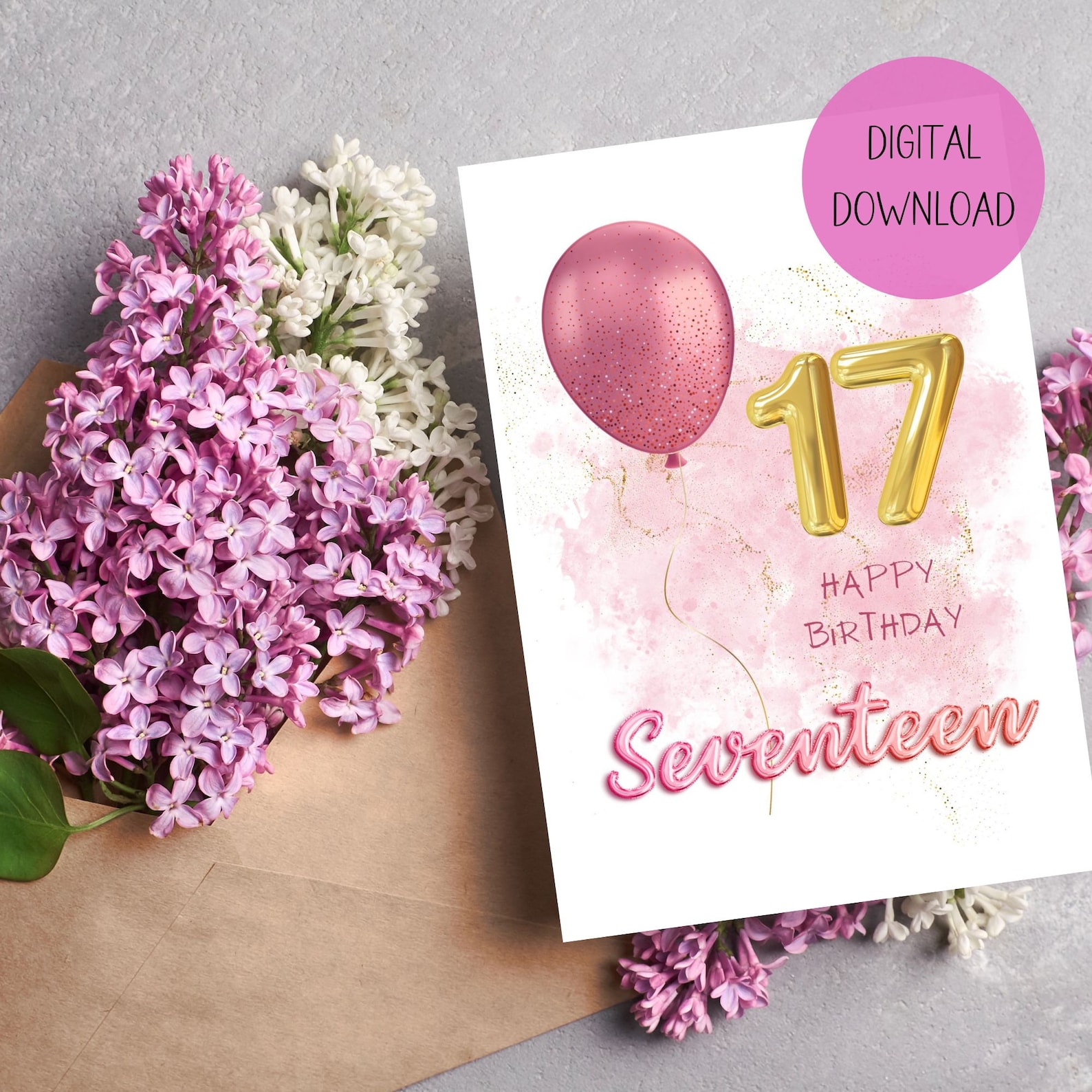 17th Birthday Printable Card. DIGITAL DOWNLOAD. Pink and Rose Gold 17th ...