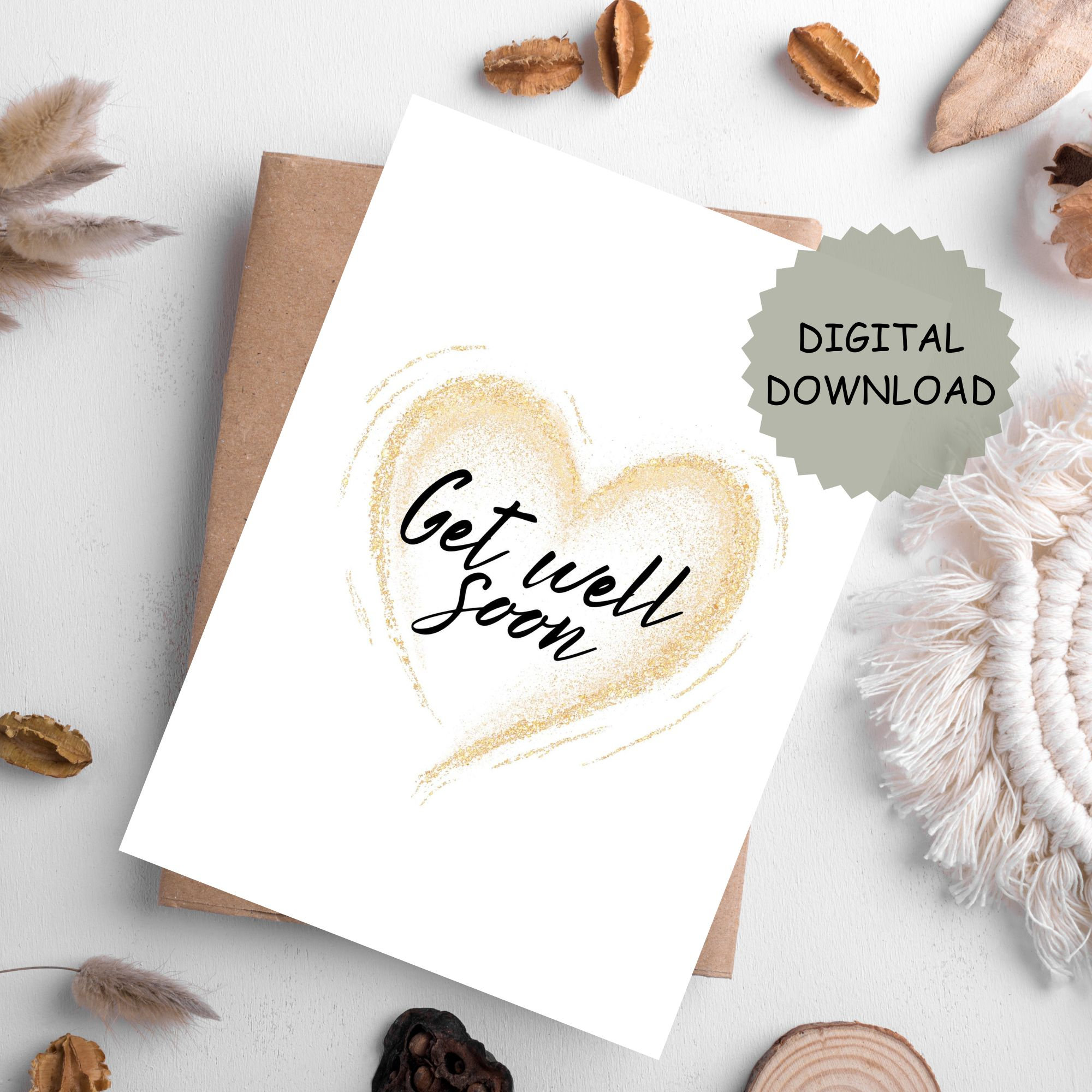 Get Well Soon Printable Card. Gold Heart Card. DIGITAL DOWNLOAD. 5x7 ...