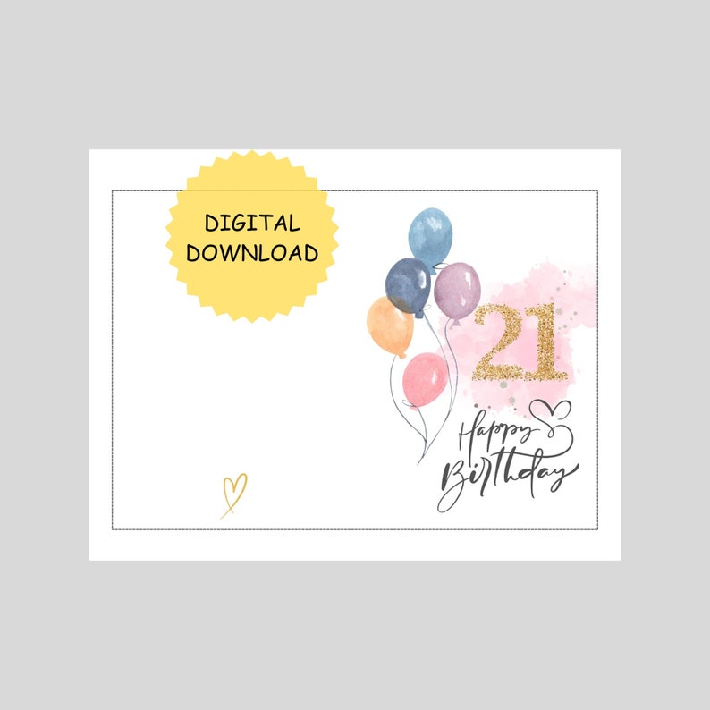 21 Birthday Printable Card. DIGITAL DOWNLOAD. Pink and Gold 21 Birthday ...