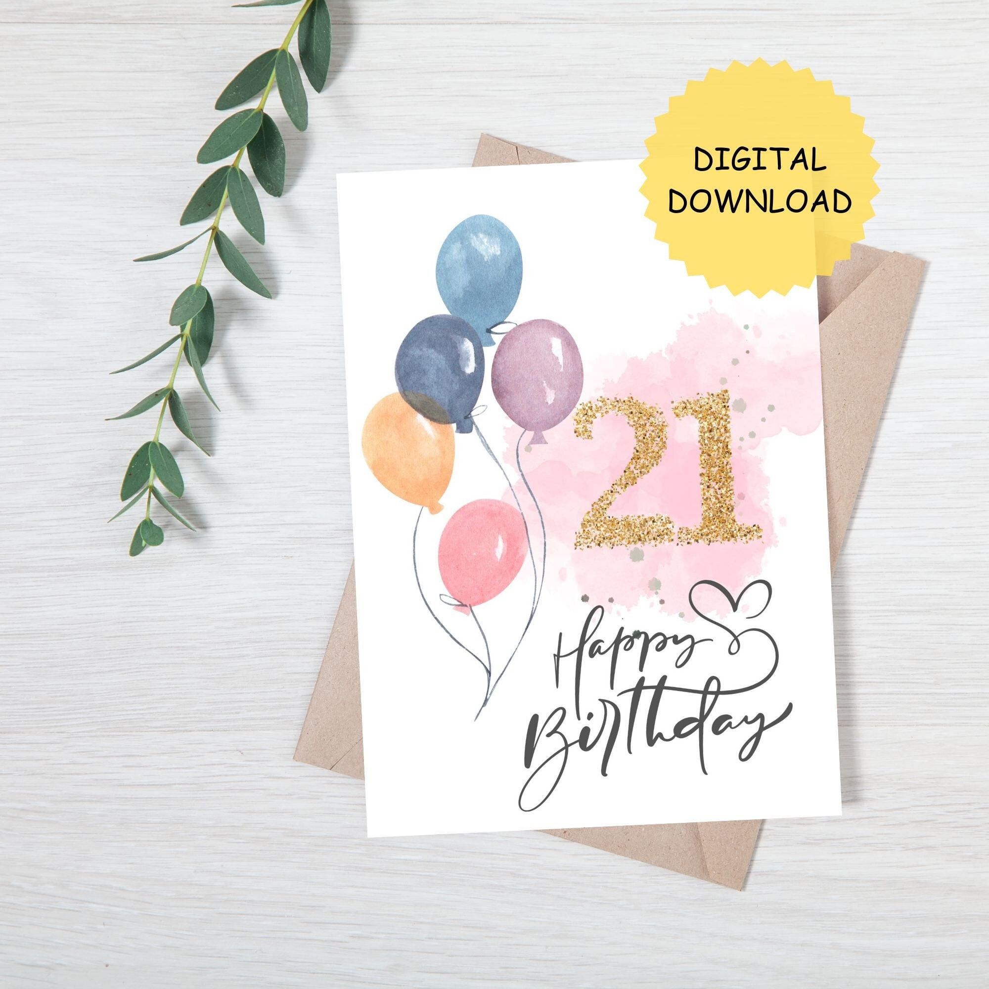 21 Birthday Printable Card. DIGITAL DOWNLOAD. Pink and Gold 21 Birthday ...