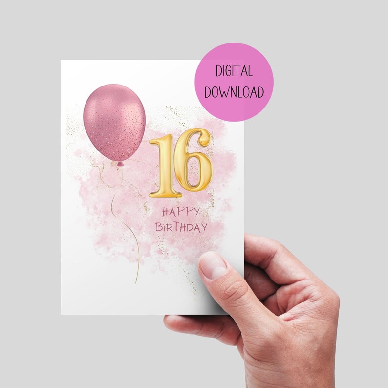 16th Birthday Printable Card. DIGITAL DOWNLOAD. Pink and Rose Gold 16th ...