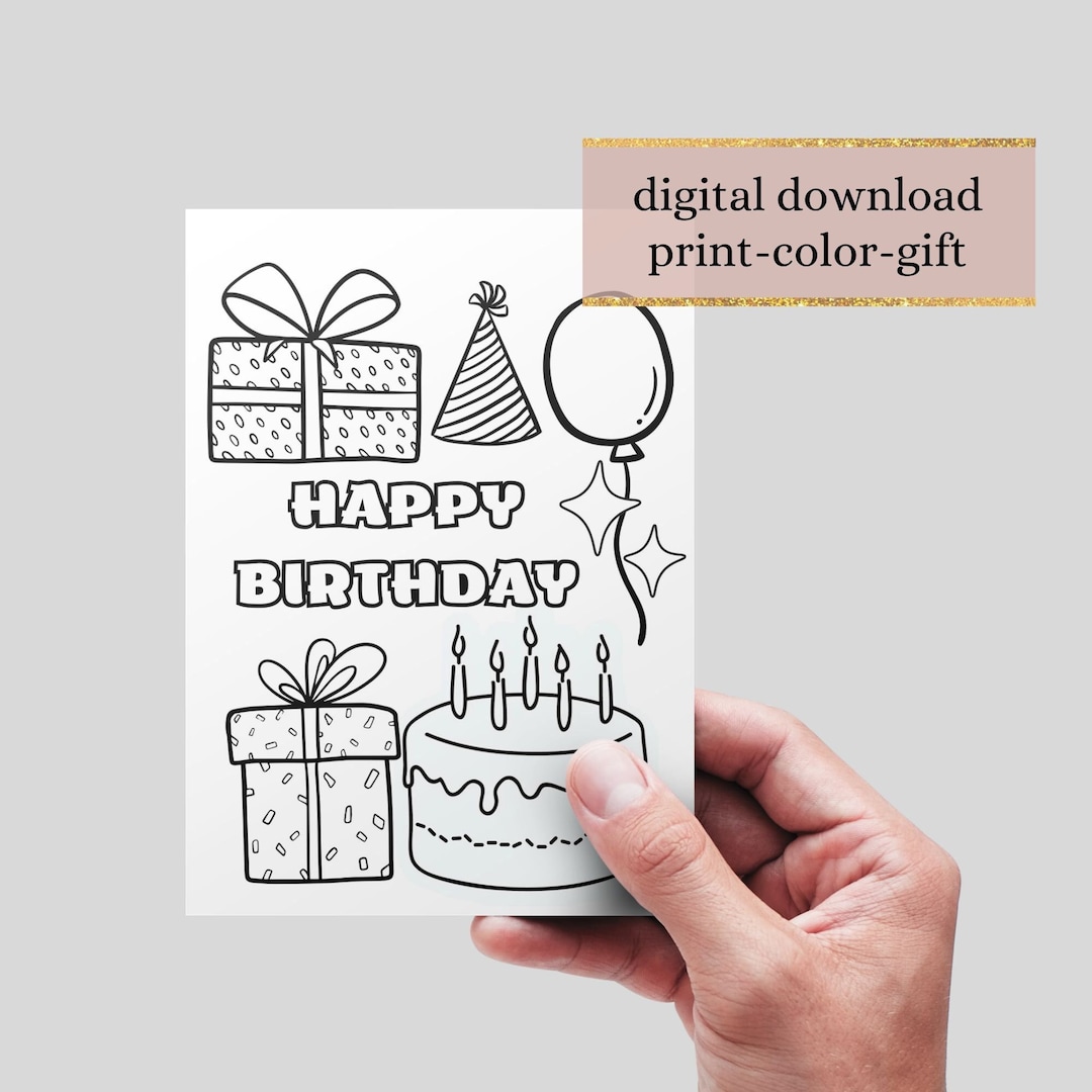 PRINTABLE Happy Birthday Coloring Card, Birthday Cake Card, Birthday ...