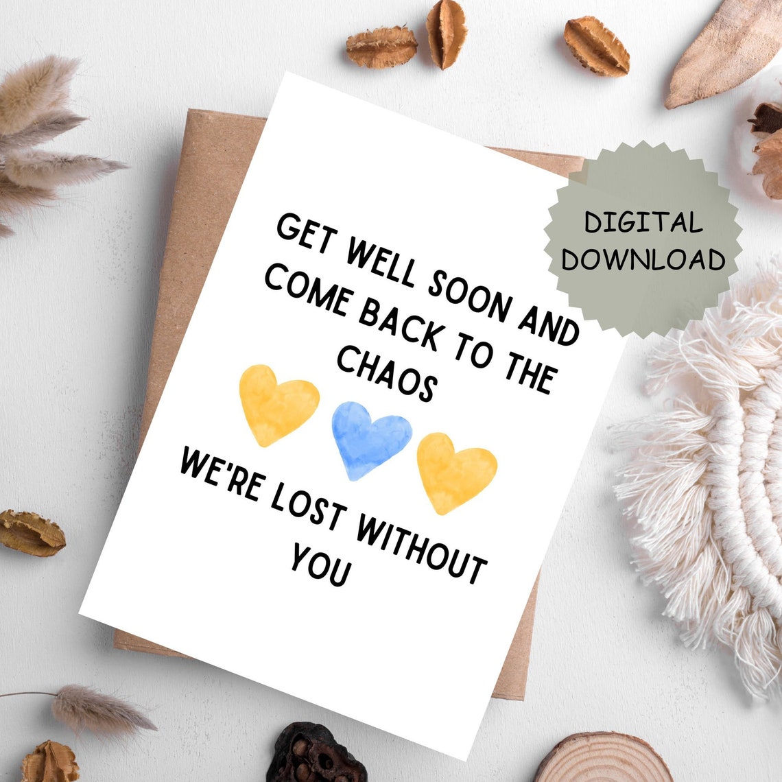 Get Well Soon Printable Card. Funny Get Well Card. Blue and Yellow ...