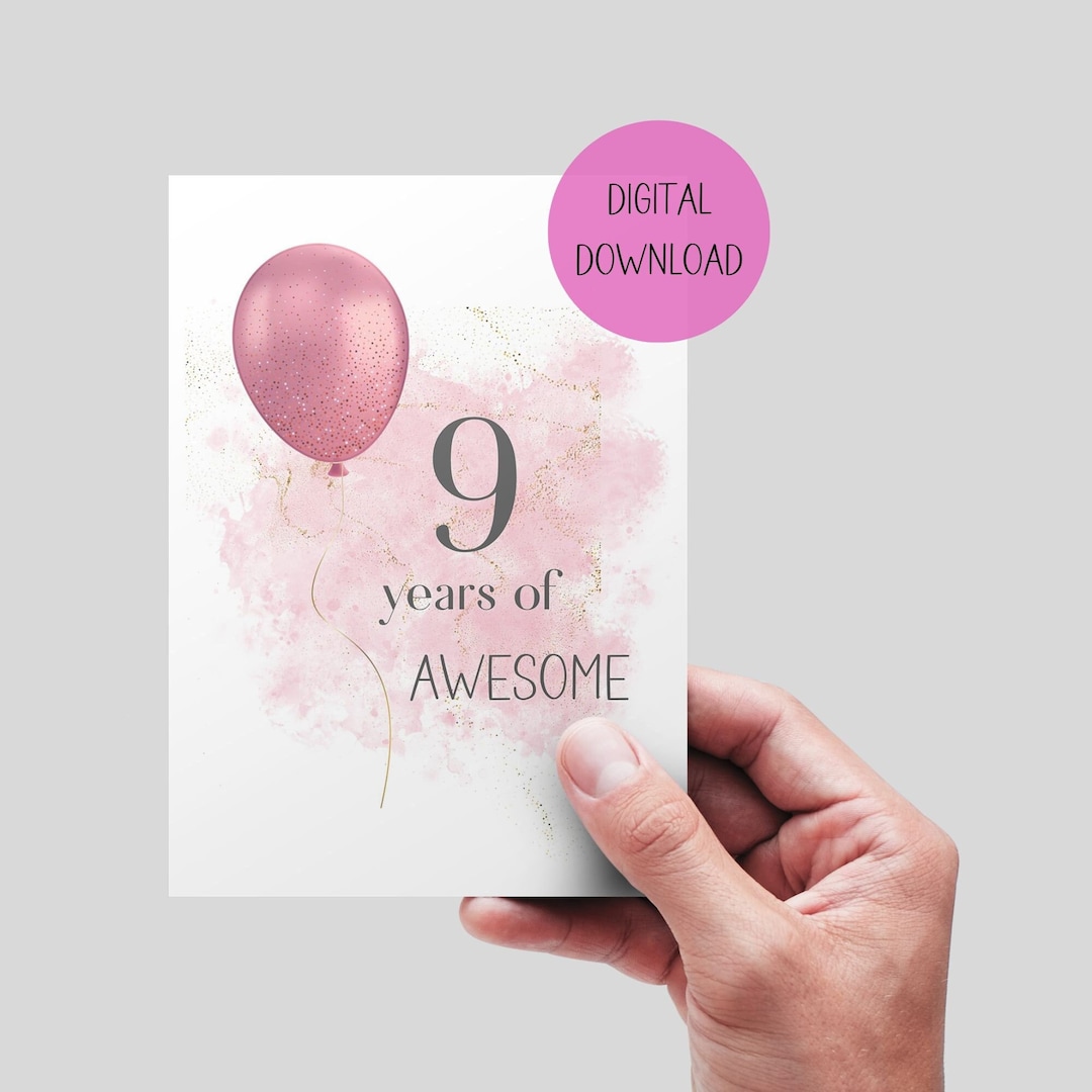 9 Birthday Printable Card. DIGITAL DOWNLOAD. Pink and Gold 9th Birthday ...