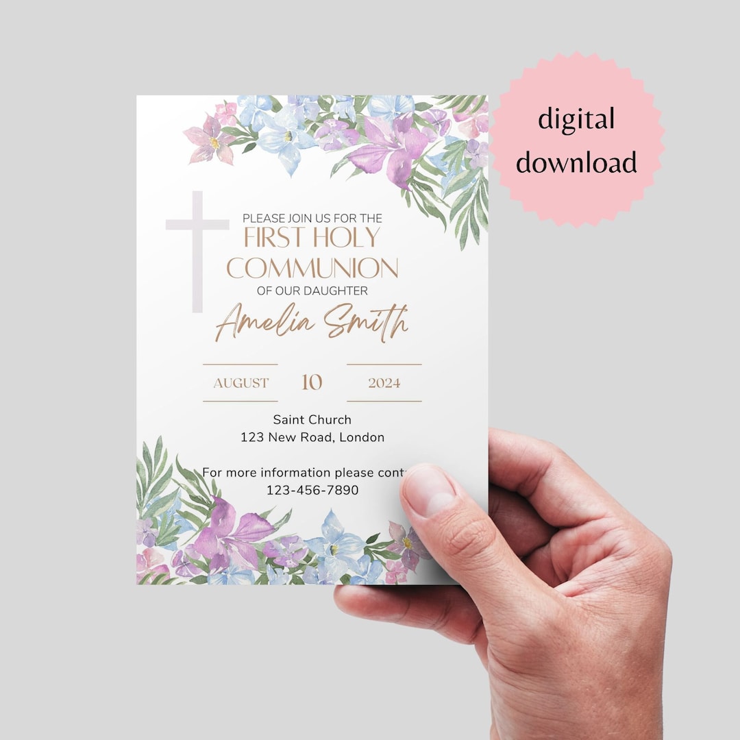 Floral Holy Communion Invitation Template. Editable Communion Invite ...